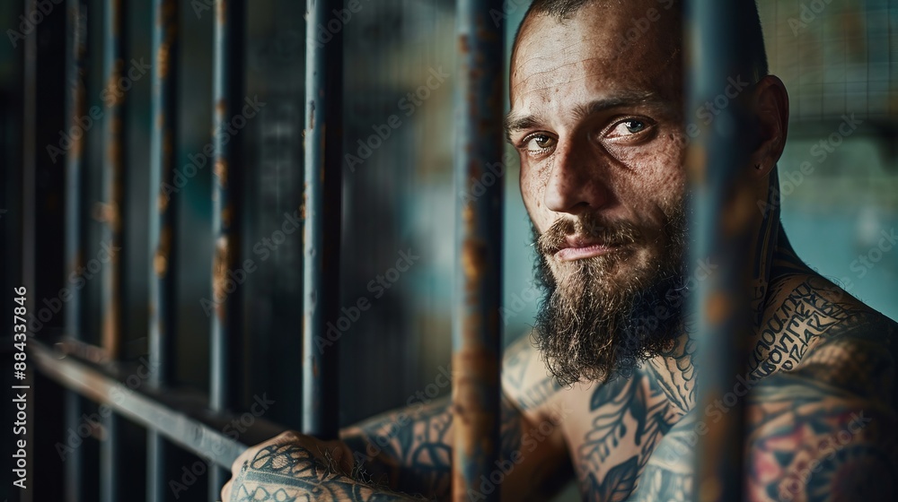 A bearded man with multiple tattoos is seen behind prison bars, staring ...