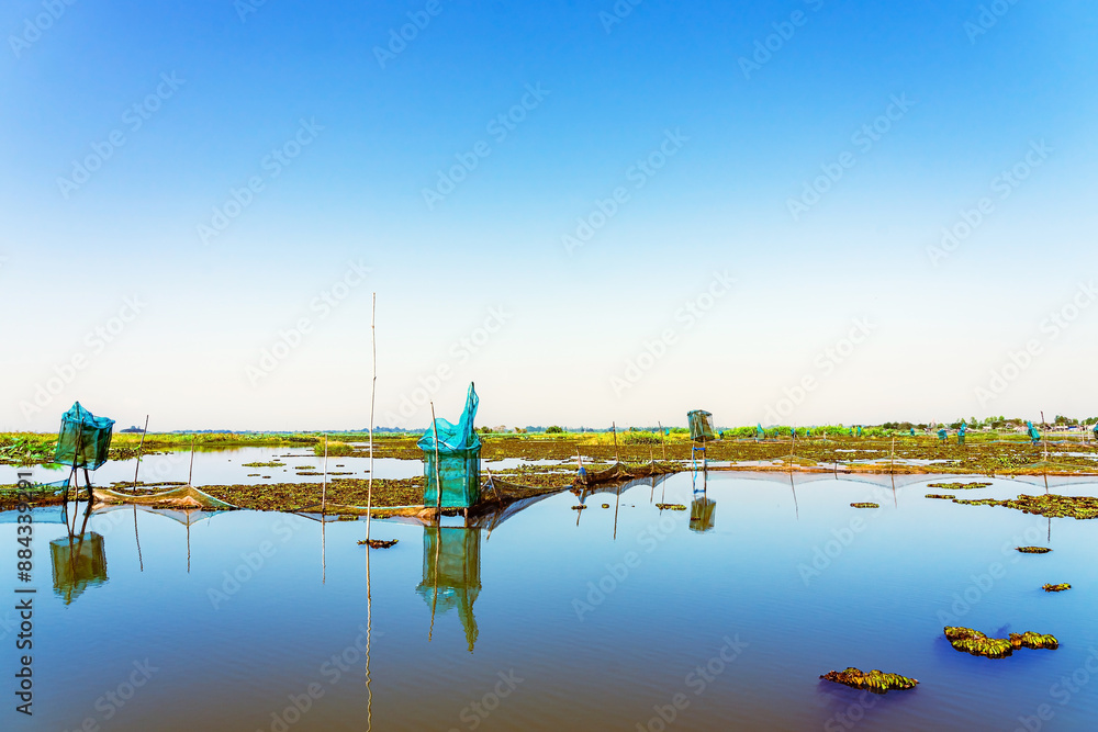 Traditional fish trap with beautiful landscape view. Shrimp and crab ...
