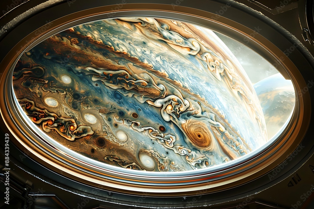 A retro-futuristic, dome-shaped window on a spacecraft, showing a ...