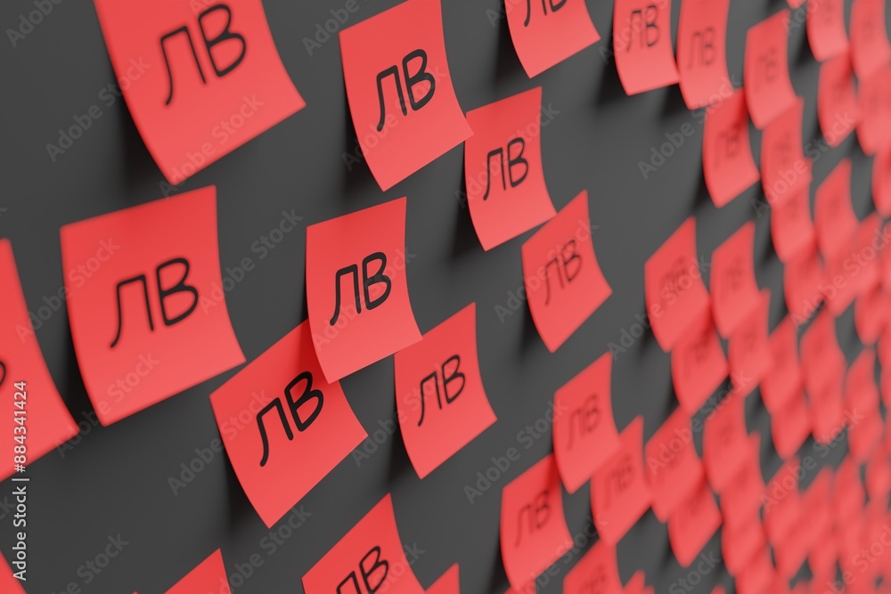 Many red stickers on black board background with symbol of Kazakhstan ...