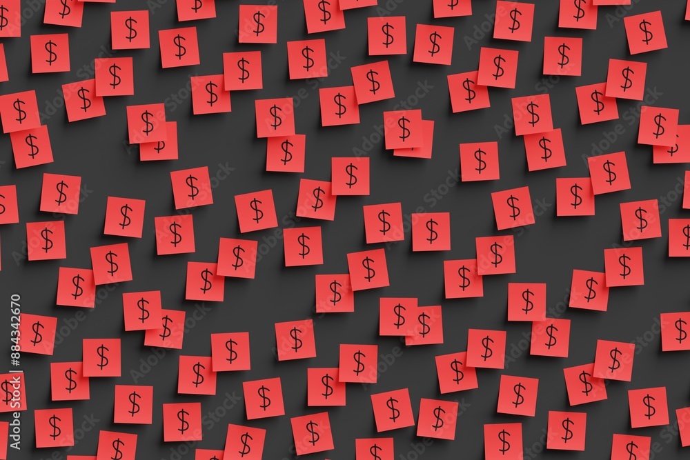 Many red stickers on black board background with symbol of East ...