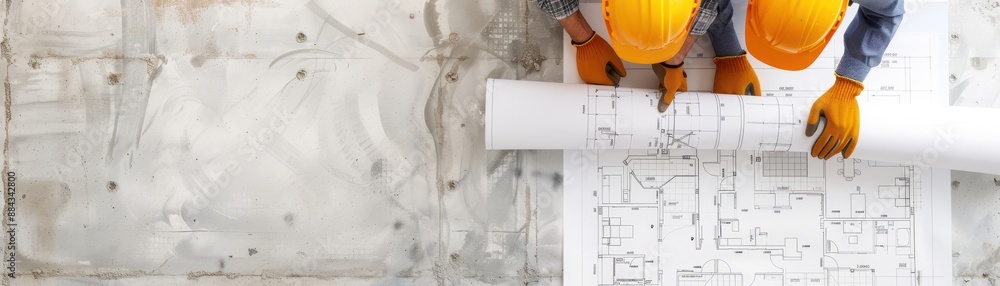 Architects and builders reviewing plans together, construction site ...