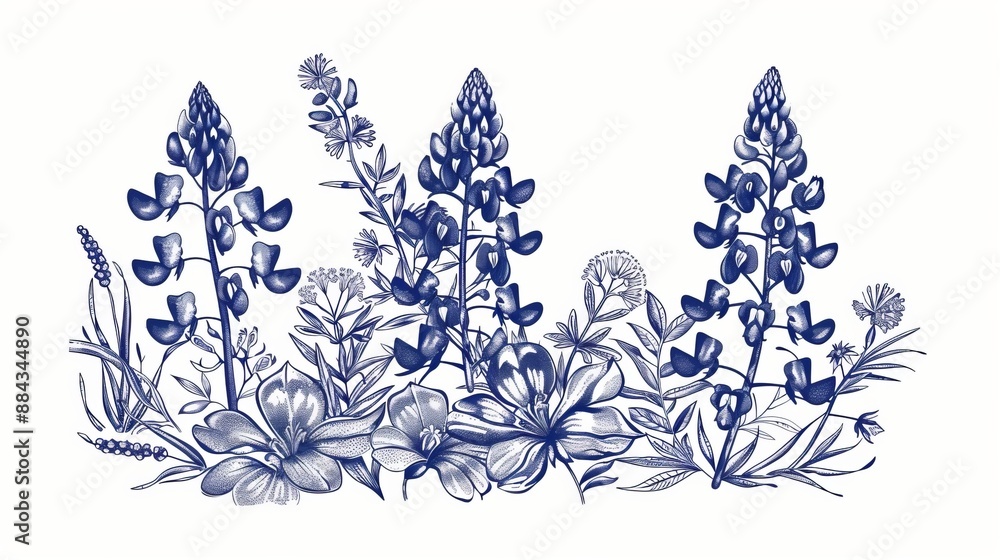 A comprehensive artistic representation of bluebonnet flowers and ...