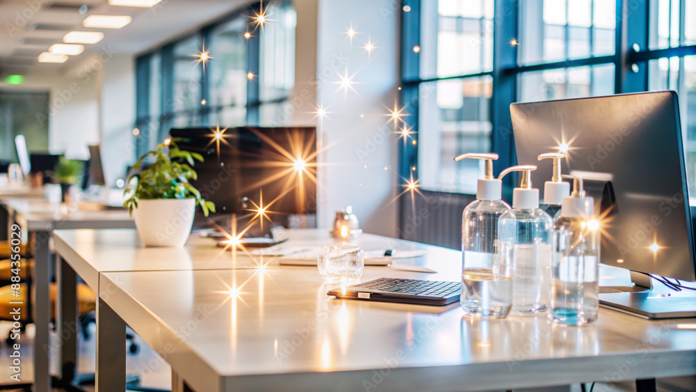 Sparkling clean office desk reflects light, surrounded by organized ...