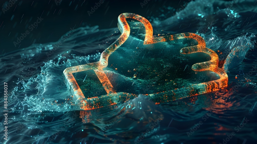 Submerged Surreal Symbol Fluid Digital Ocean with Bioluminescent ...