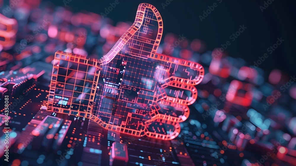 3D render of a thumbs down icon set in a retrofuturistic digital ...