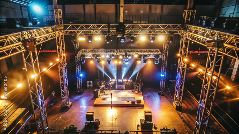 A Live stage production overhead trusses and lighting in a live venue ...