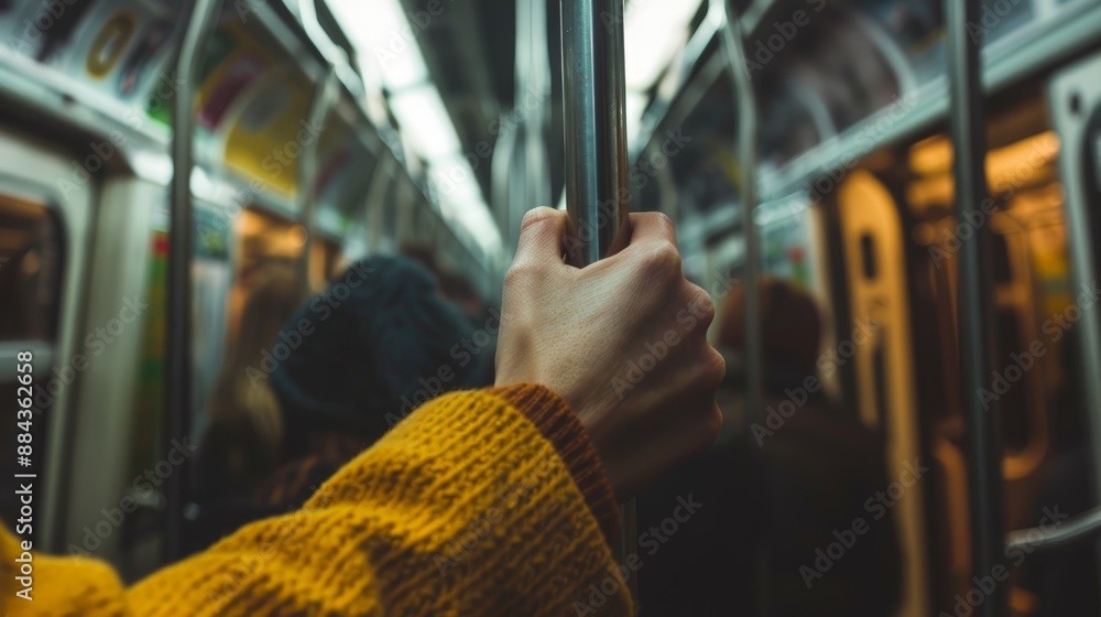 Crowded subway scene with hands gripping handrail for stability ...