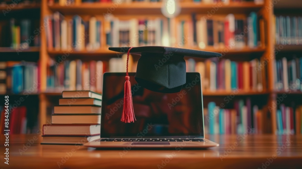Digital online education: laptop as book screen with graduation hat, e ...