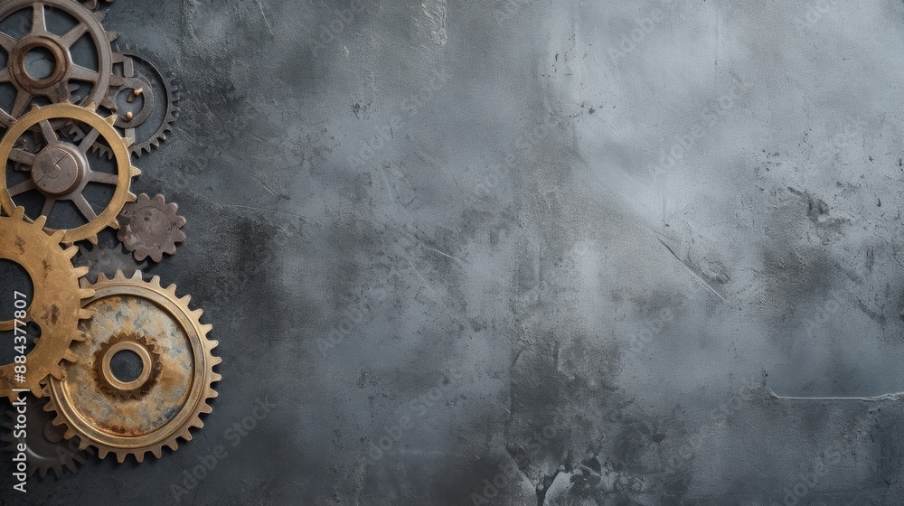 From above technical texture of steampunk gears on dark grey background ...