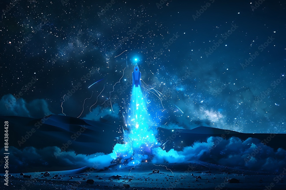 A stylized, glowing blue spark igniting a rocket ship, blasting off ...