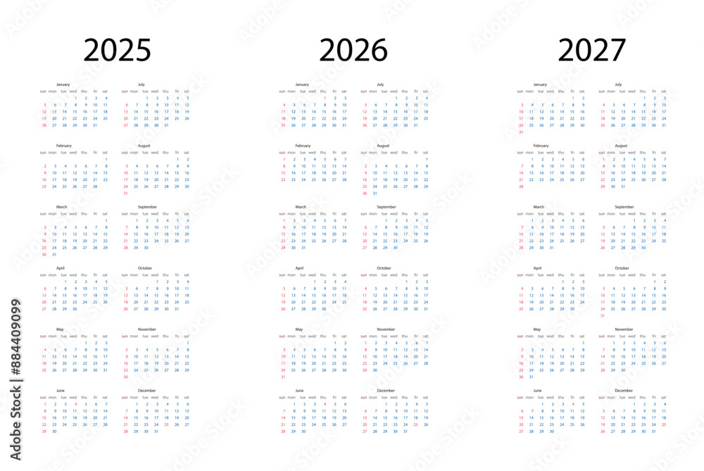 Set of Calendars 2025, 2026, 2027 years, simple design template ...