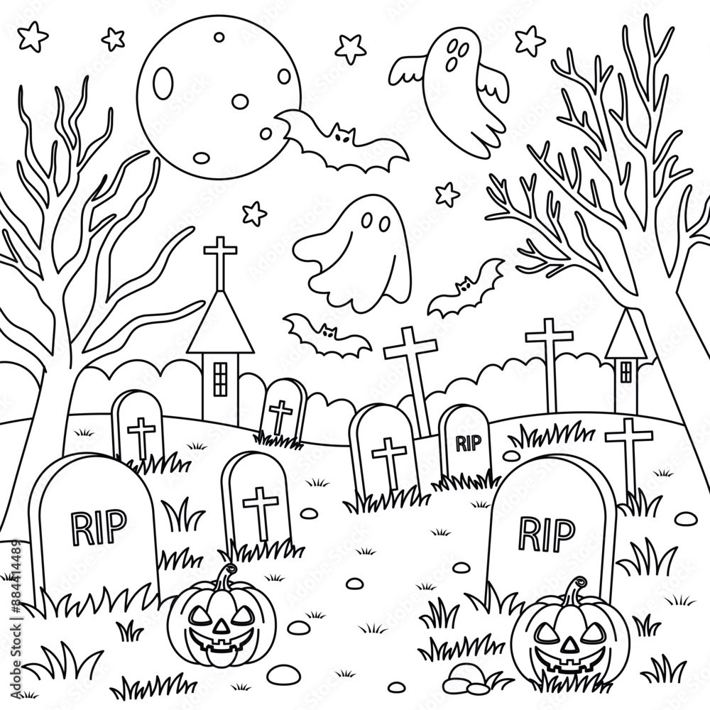 Spooky graveyard with tombstones and bats Halloween on graveyard ...