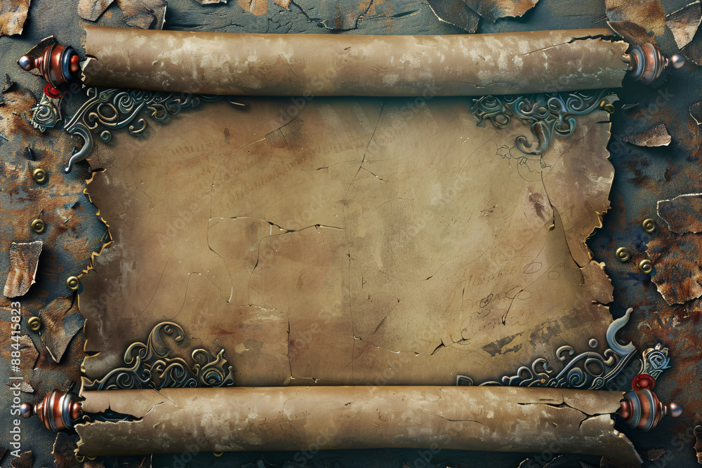 A rustic, vintage scroll with intricate designs and aged textures ...