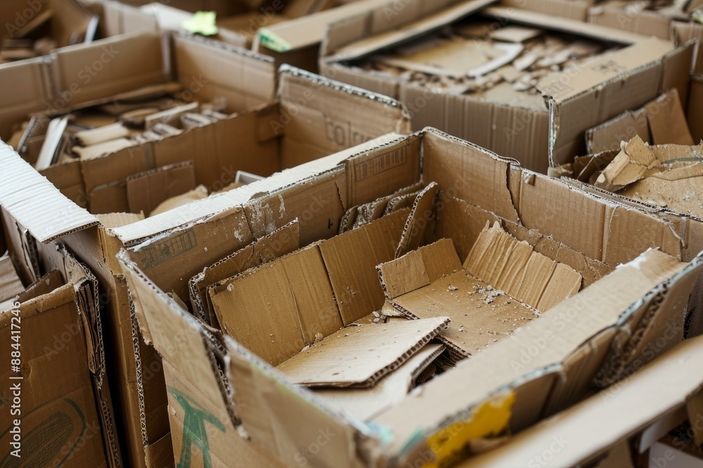 Pile of broken down cardboard boxes prepared for recycling in a waste ...