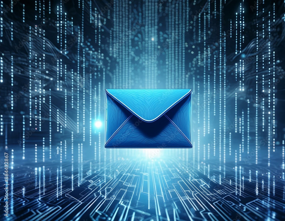 Digital envelope icon amidst binary code stream - A stark blue digital ...
