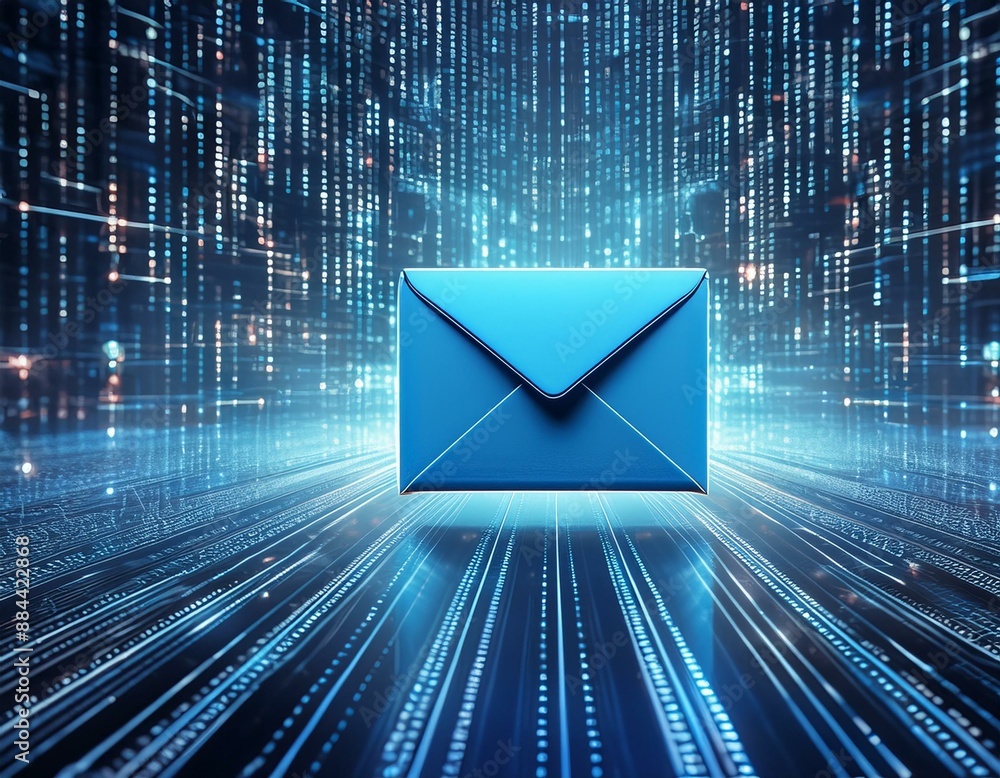 Digital envelope icon amidst binary code stream - A stark blue digital ...