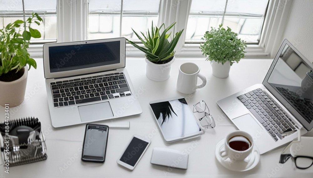 Minimalist tech gadgets on white desk setup - A clean, modern workspace ...