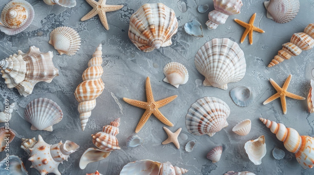 Summer theme with various seashells on a gray backdrop Oceanic objects ...