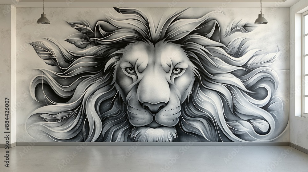 black and white; lion face; mural; street art; urban; animal; artistic ...