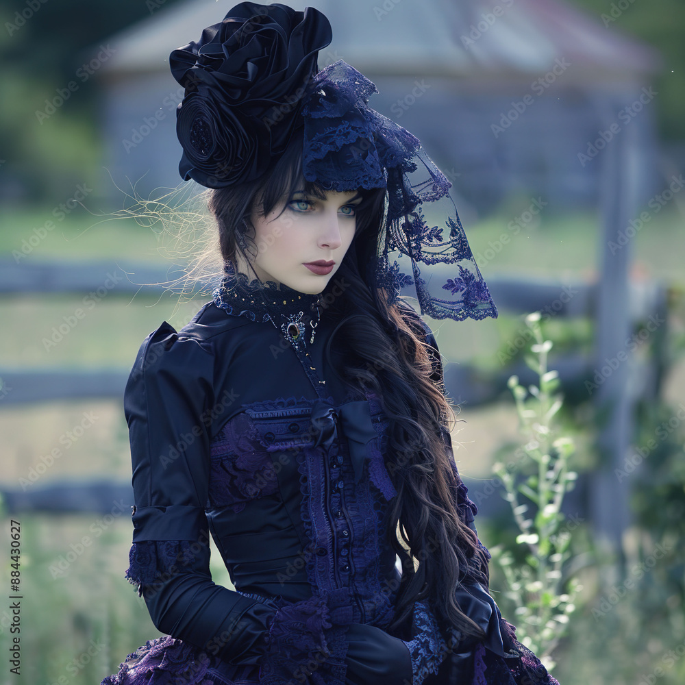 Elegantly dressed woman in the American Gothic style. Black and purple ...