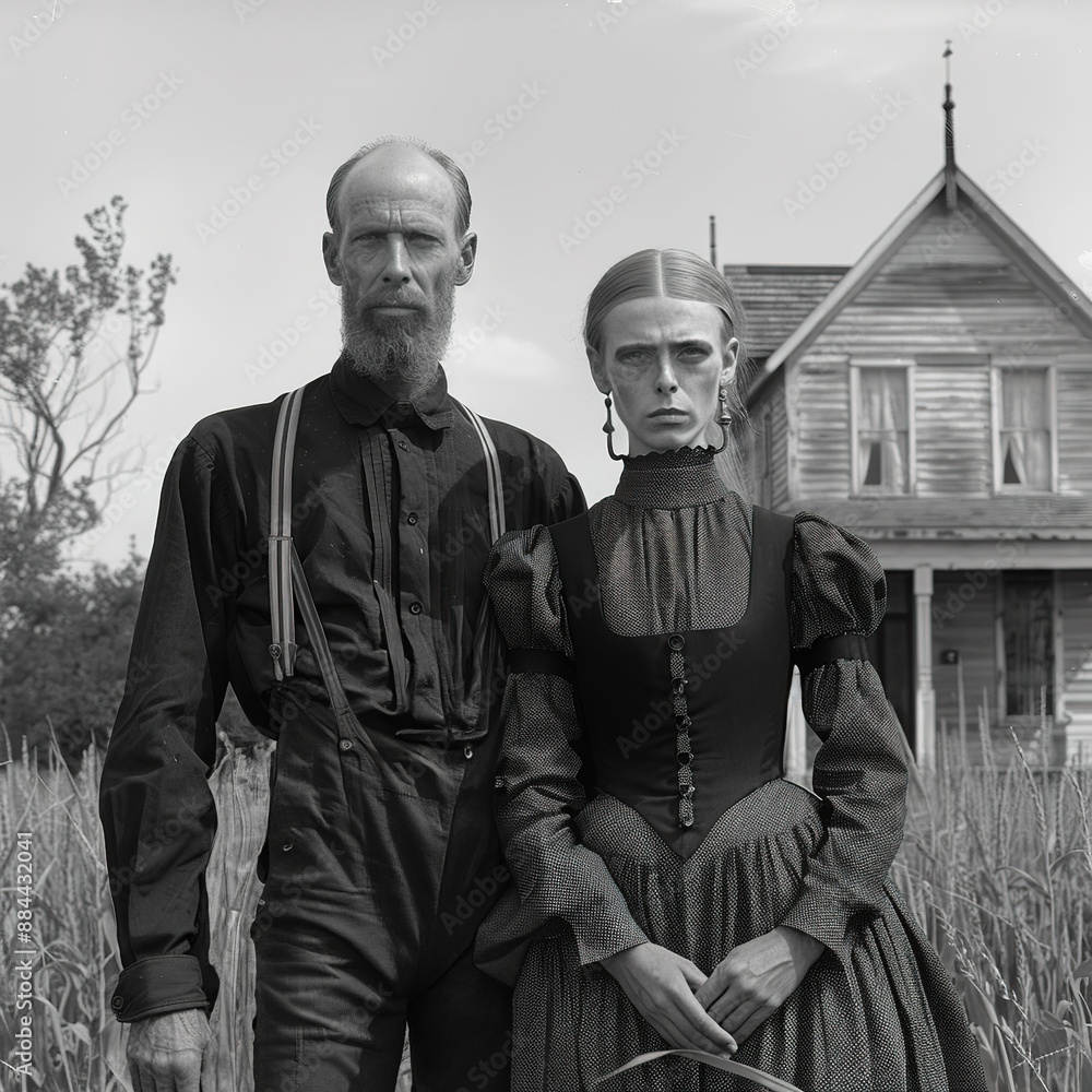 Poster Iconic American Gothic farmers, married couple in modest rural ...