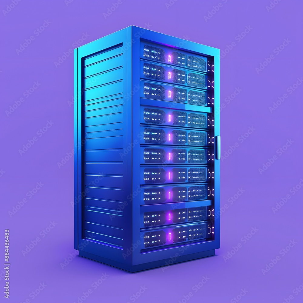 Modern blue server rack with glowing lights in a data center ...