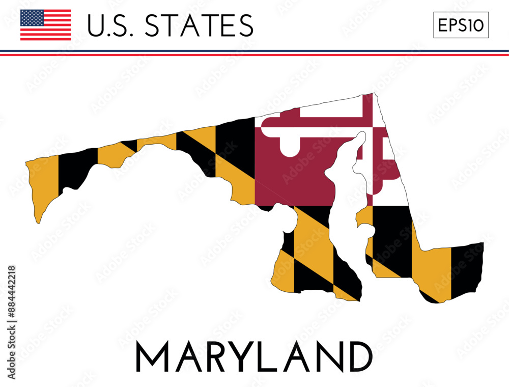 Vektorová grafika „Maryland USA state map shape with flag. Map of ...