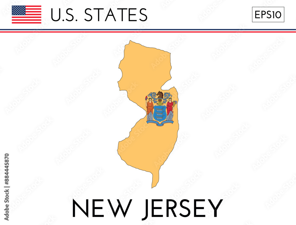 New Jersey USA state map shape with flag. Map of New Jersey in the New ...