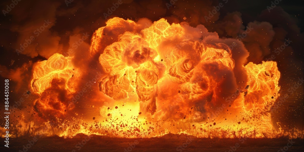 explosion air strike cluster phosphorus bomb debris fire. Massive ...