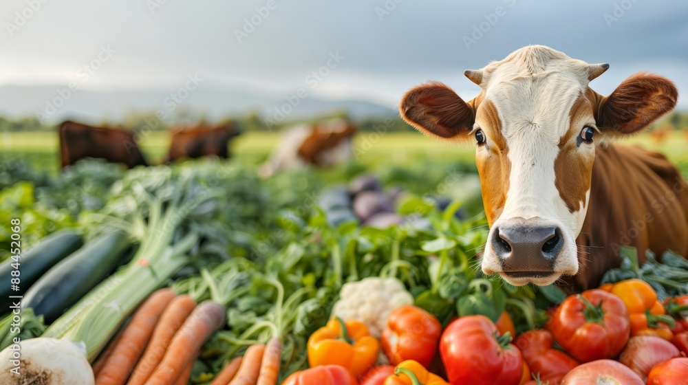 High-resolution image of a field of mixed vegetables with cattle calmly ...