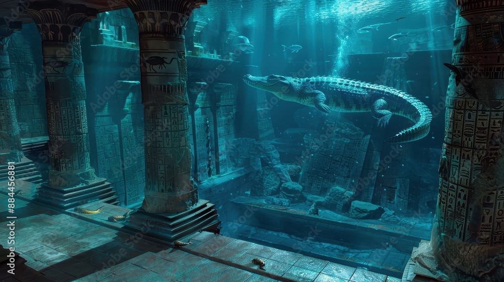 Underwater scene of an ancient Egyptian temple or city, featuring ...
