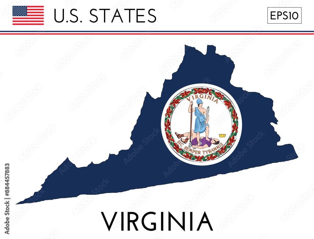 Virginia USA state map shape with flag. Map of Virginia in the Virginia flag colors. Outline map ...