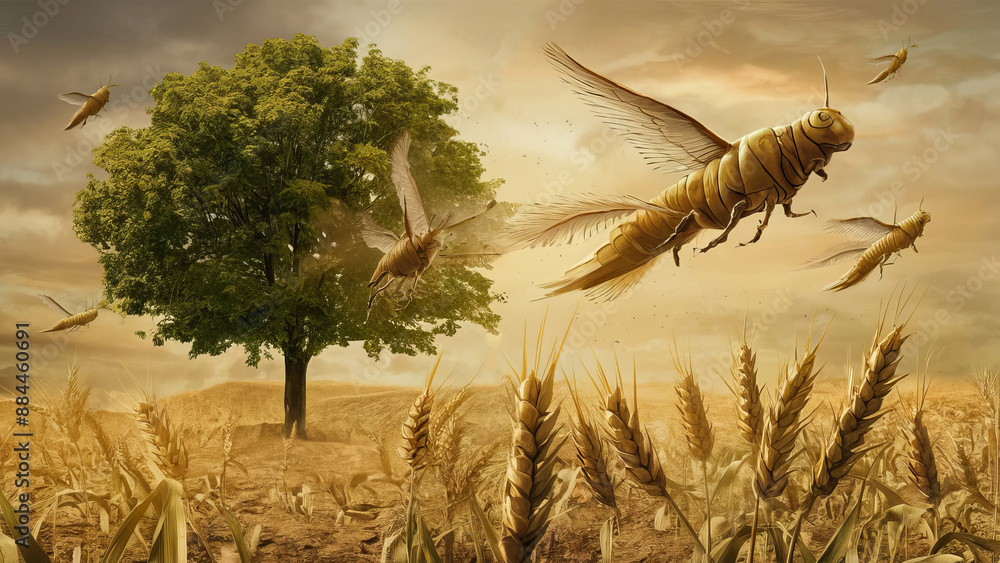 Locusts sweep across the field and devour tree leaves and wheat in the ...
