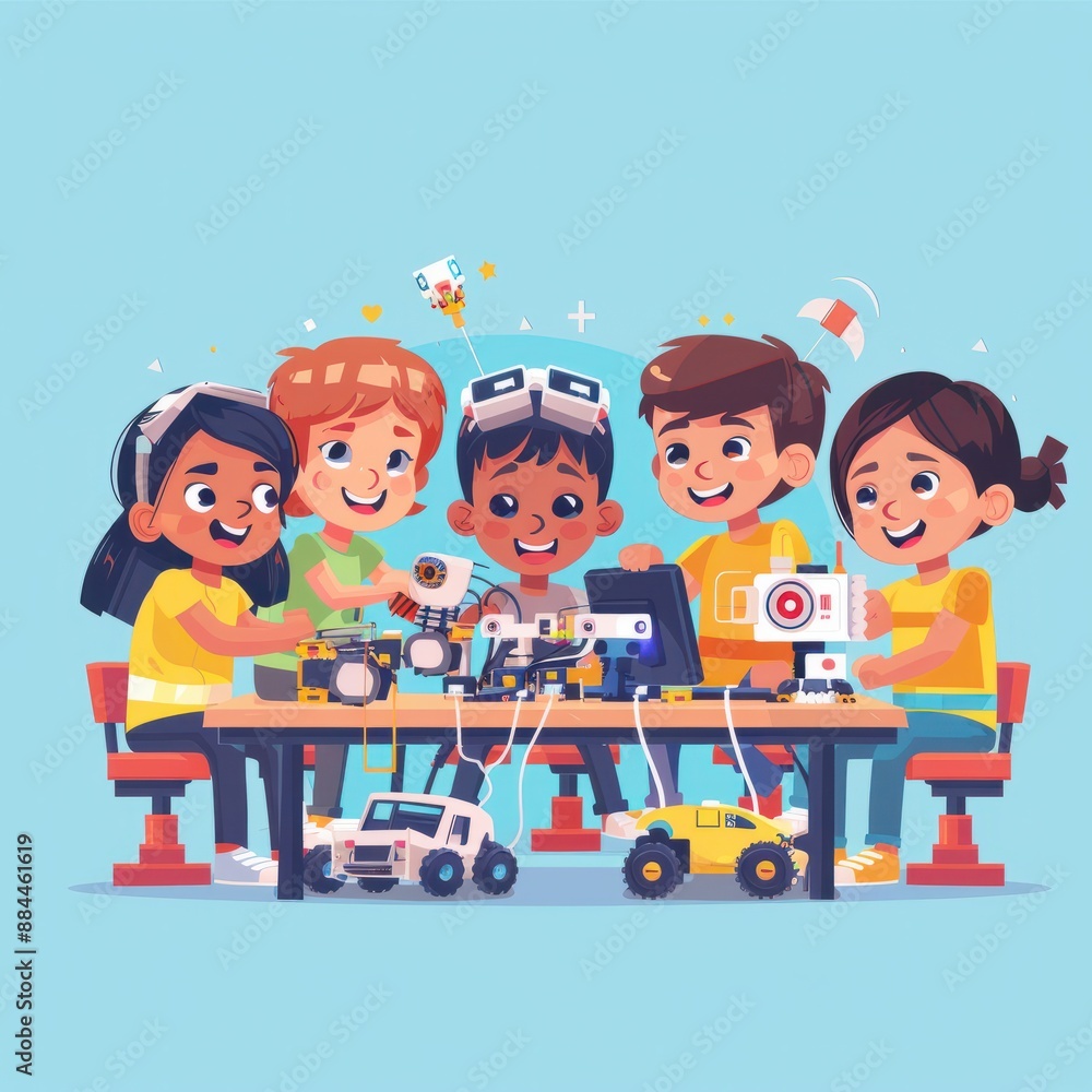 Diverse school children students group building robotic cars using ...