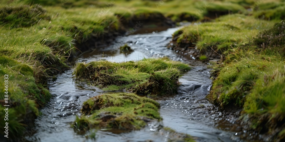 Drainage ditch in moorland area with grass embankments. Concept ...