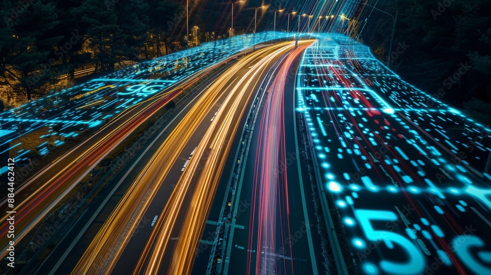 A modern, animated depiction of a highway showcasing 5G technology with ...