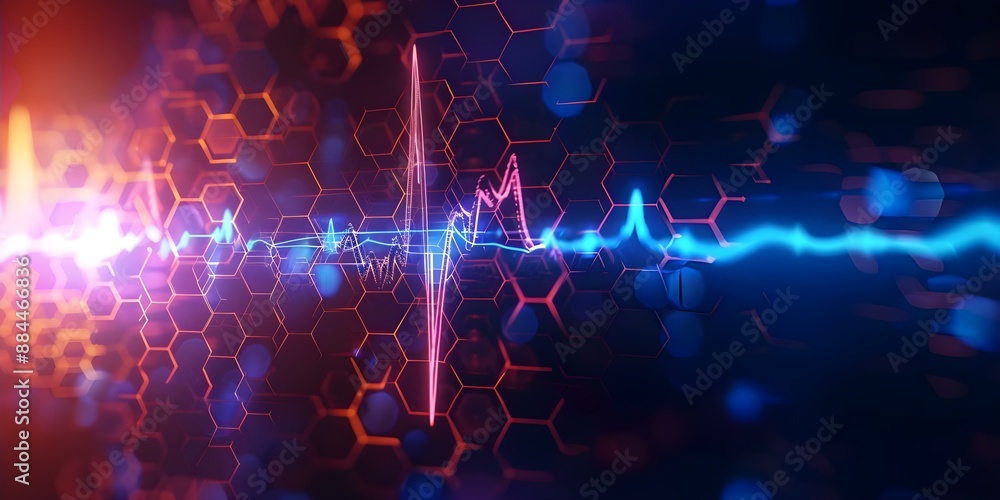Heart Rate Monitor Line and Floating Hexagons in a Digital Background ...