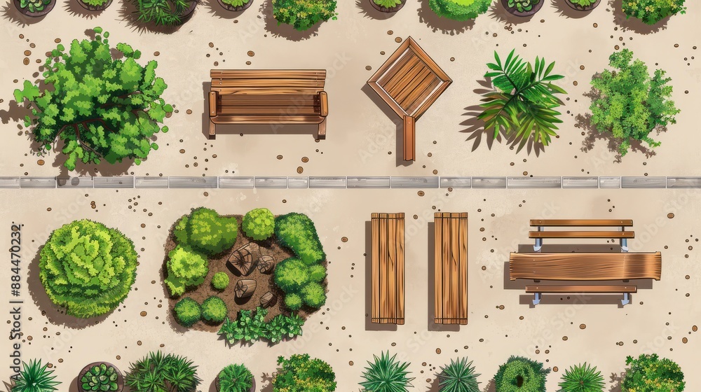 'wooden landscaping Collection vector plan view symbols Set benches top ...