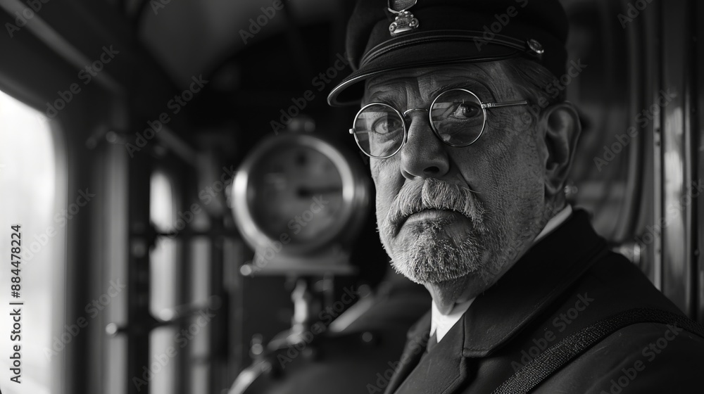 A train conductor in classic attire inside the cab of a train, focusing ...