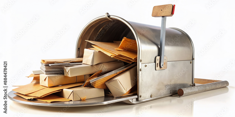 An old-fashioned mailbox stands open on a pristine white background ...
