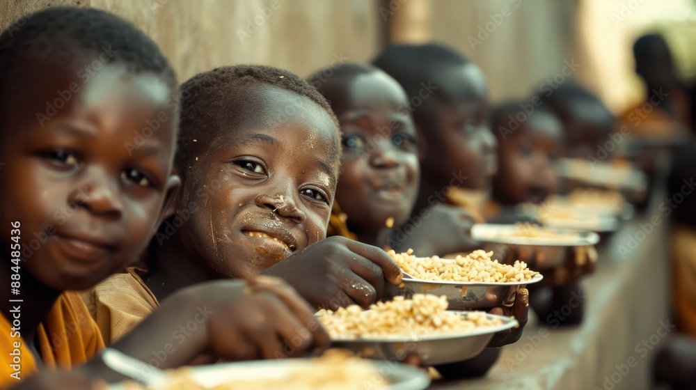 Happy poor african school children eating together. Problems of hunger ...