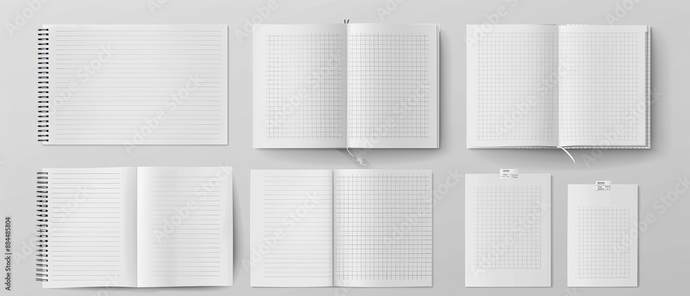 Set of White Lined and Checkered Paper Sheets on Gray Background. Blank ...