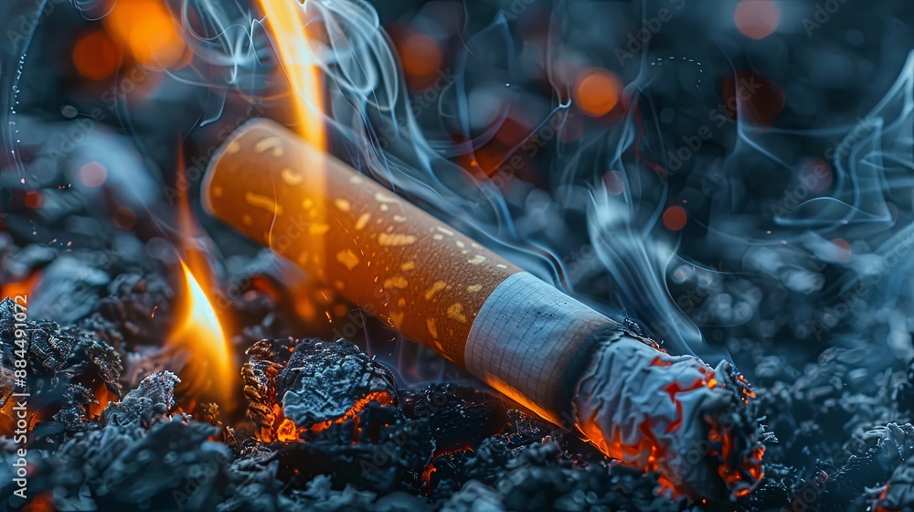 A burning cigarette lies among glowing embers, with flames and smoke ...