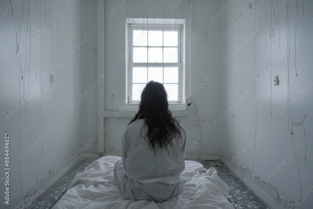 insane patient person on bed looking on wall in straitjacket in ...