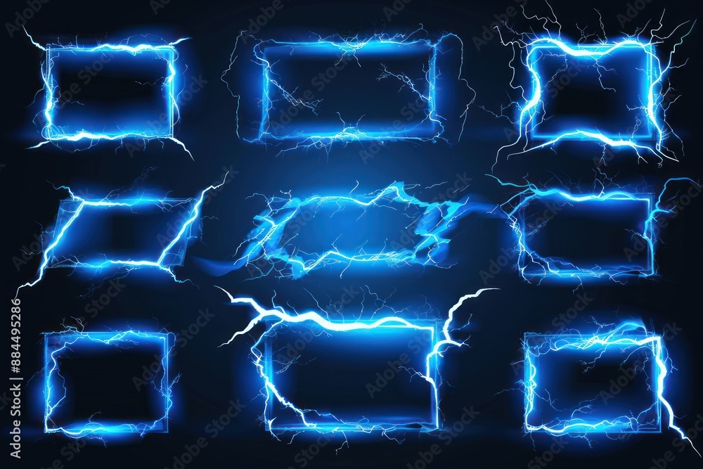 Lightning frames, blue electric borders of rectangular and square ...