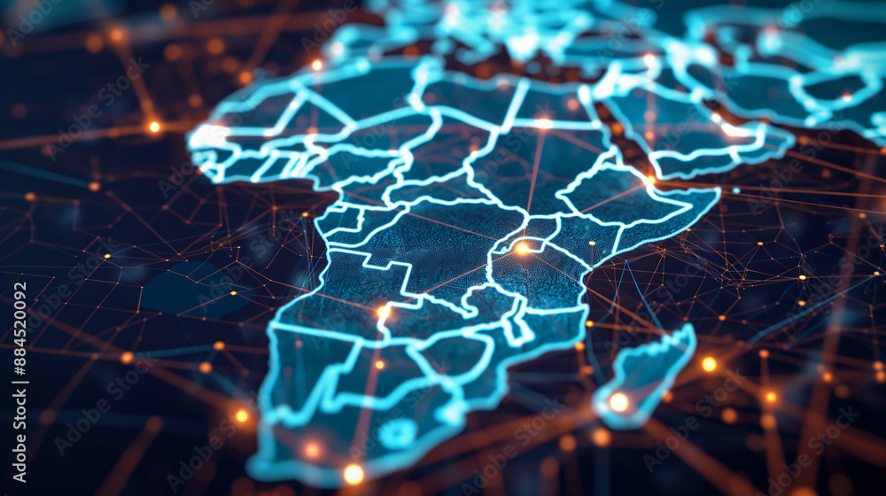 A glowing digital map of Africa with interconnected nodes representing a global network ...