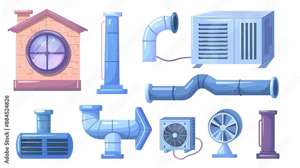 Set of vector illustrations depicting various air duct systems ...