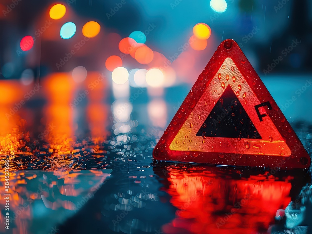 triangular road hazard sign with a red border and exclamation mark, wet with rain, stands on a ...