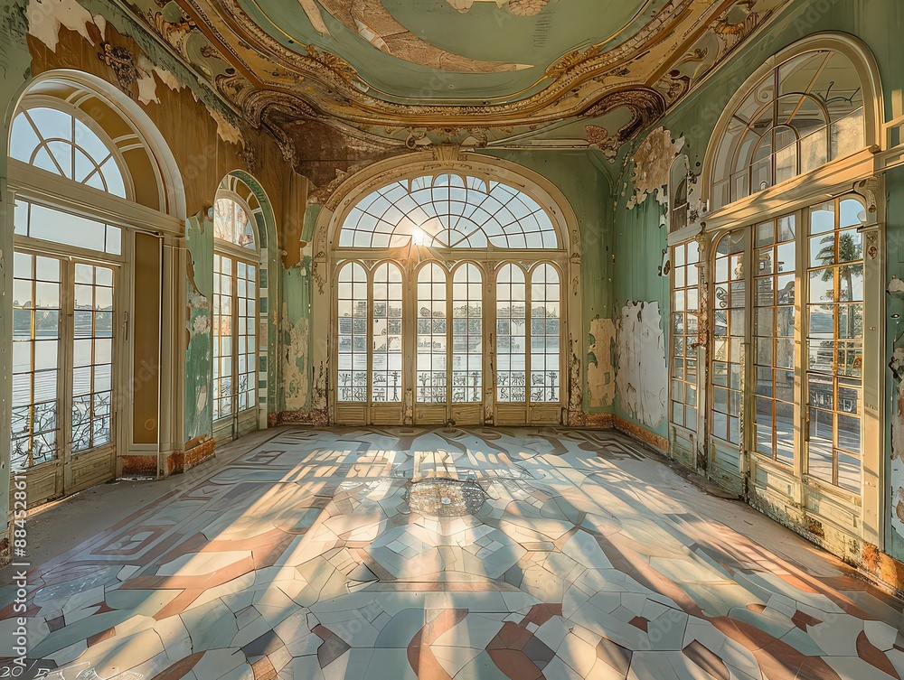 beautifully decayed, abandoned room with ornate architecture and large ...